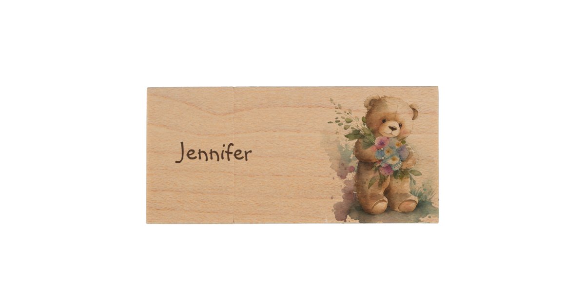 Cute Teddy Bear & Flowers Custom Name Wood Flash Drive | Zazzle