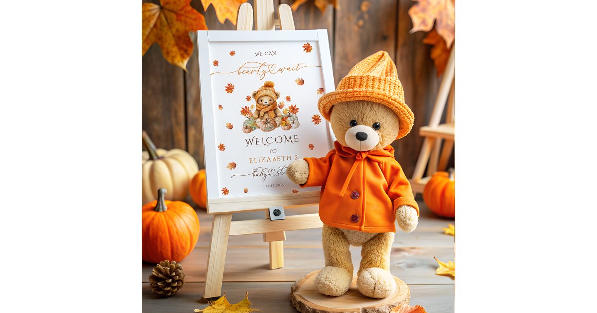 Cute Teddy Bear & Pumpkins Baby Shower Welcome Poster | Zazzle