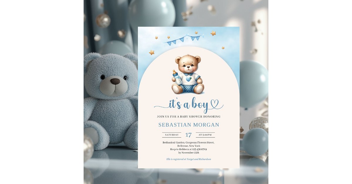 Cute teddy bear with bottle arched boy invitation | Zazzle
