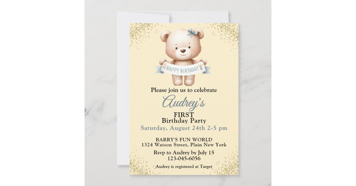 Cute Teddy Bear with Happy Birthday Banner Invitation | Zazzle