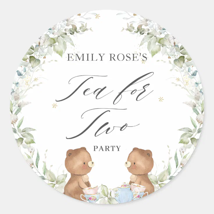 Cute Teddy Bears Tea for Two 2nd Birthday Party Classic Round Sticker ...