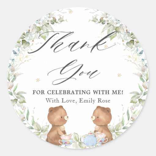 Cute Teddy Bears Tea for Two Birthday Party Favor Classic Round Sticker ...