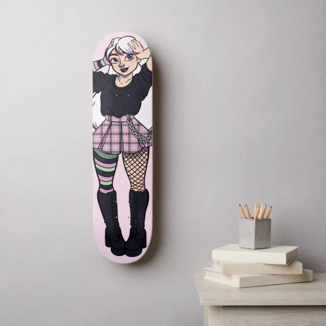 Cute Teen Punk Girl Pink Green Manga Illustration Skateboard | Zazzle