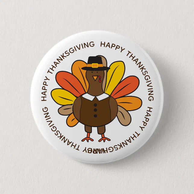 Cute Thanksgiving Turkey Pilgrim Pinback Button | Zazzle