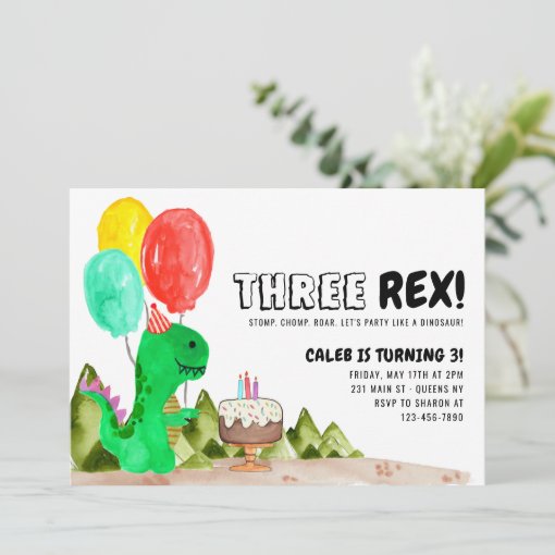 Cute THREE Rex Balloon Cake Dinosaur 3rd Birthday Invitation | Zazzle