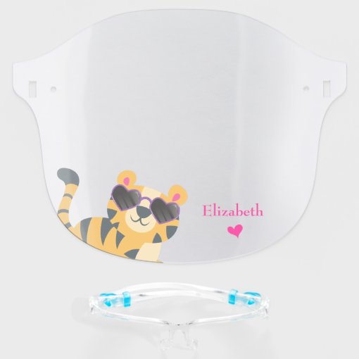 Cute Tiger in Glasses with Pink First Name Face Shield | Zazzle