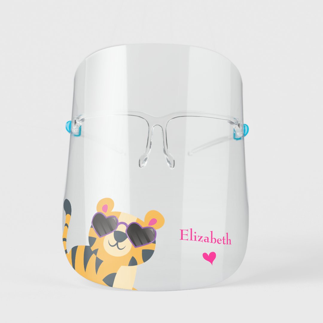 Cute Tiger in Glasses with Pink First Name Face Shield | Zazzle