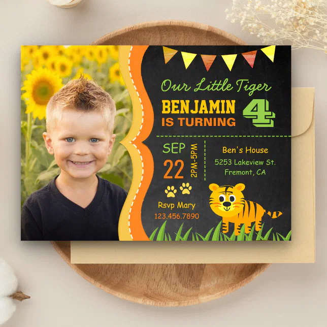 Cute Tiger Kids Photo Birthday Party Invitation | Zazzle