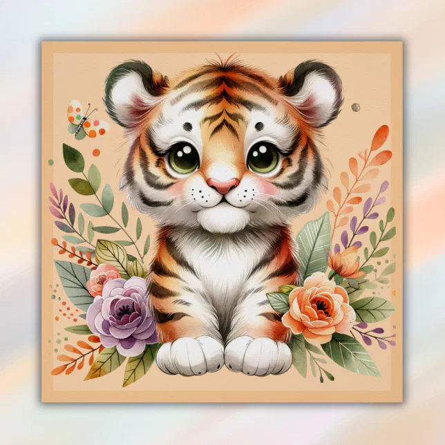 Cute Tiger with Blossoms for Kids | Poster | Zazzle