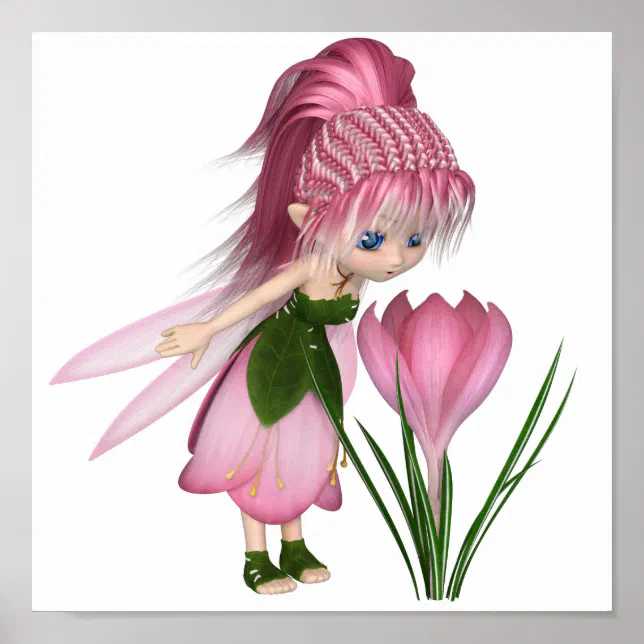 Cute Toon Pink Crocus Fairy, Standing by a Flower Poster | Zazzle