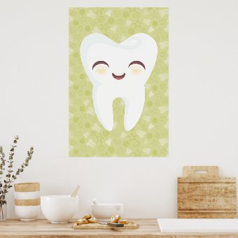Cute Tooth on Green Pattern Wall Art Poster | Zazzle