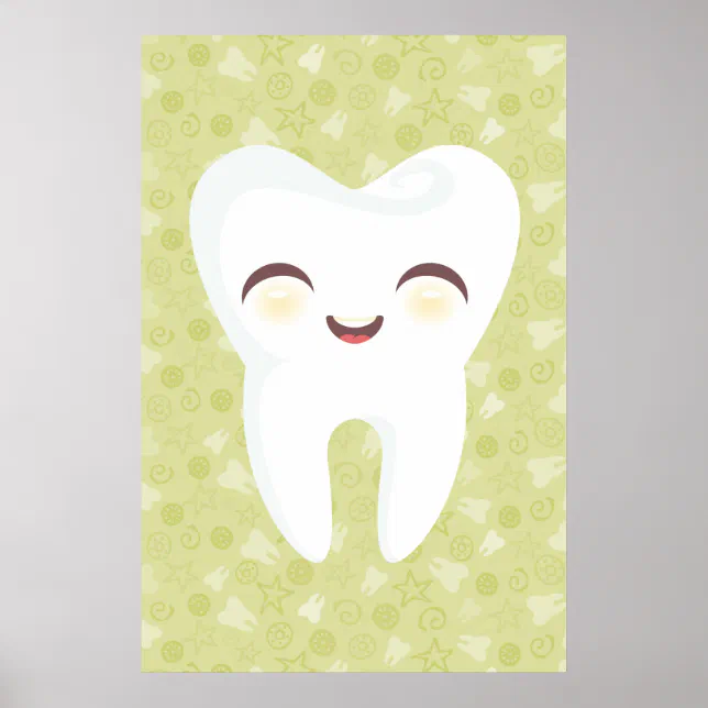 Cute Tooth on Green Pattern Wall Art Poster | Zazzle