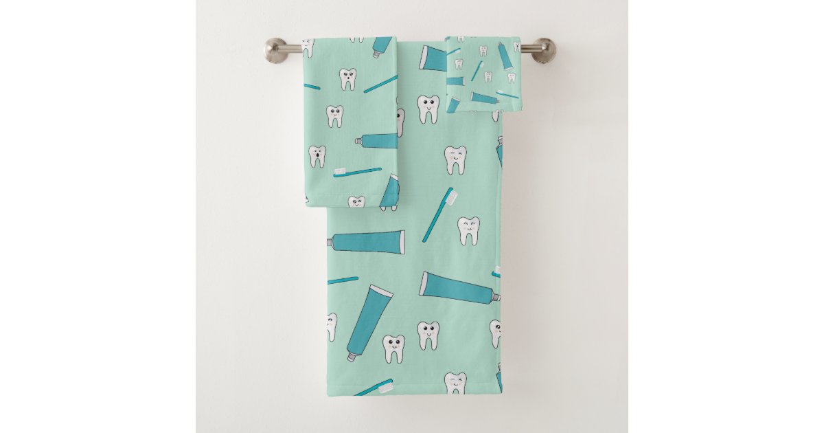 Cute Tooth Teal Mint Toothpaste Toothbrush Pattern Bath Towel Set | Zazzle
