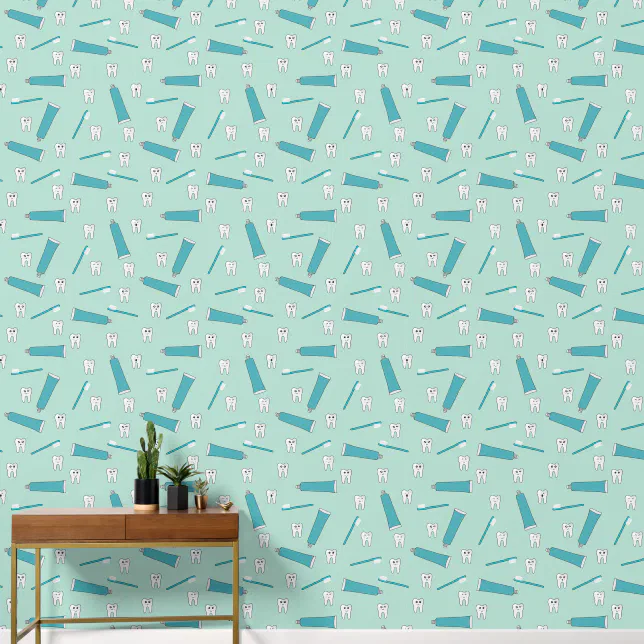 Cute Tooth Teal Mint Toothpaste Toothbrush Pattern Wallpaper | Zazzle