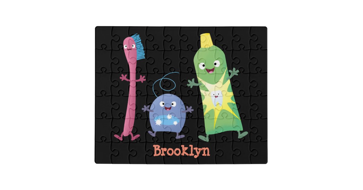 Cute toothbrush toothpaste dental floss cartoon jigsaw puzzle | Zazzle