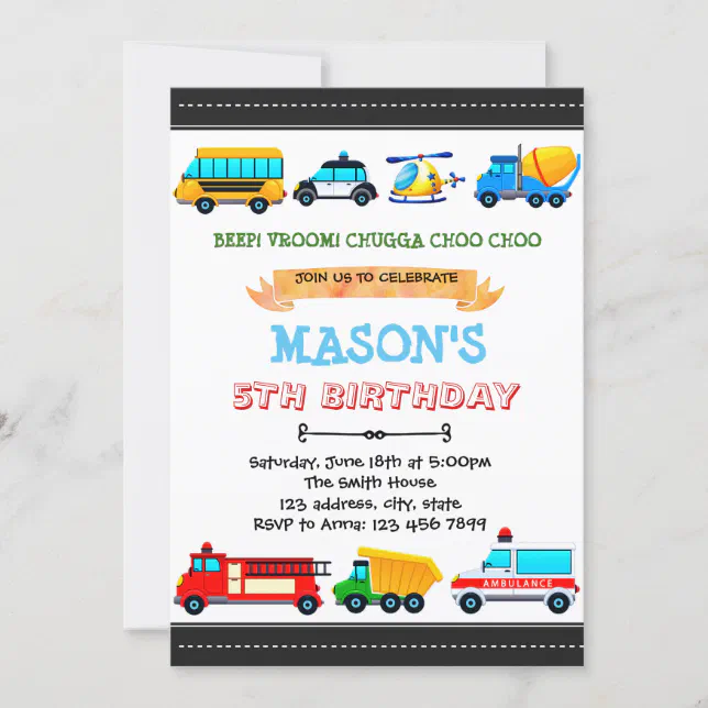 Cute transportation party invitation | Zazzle