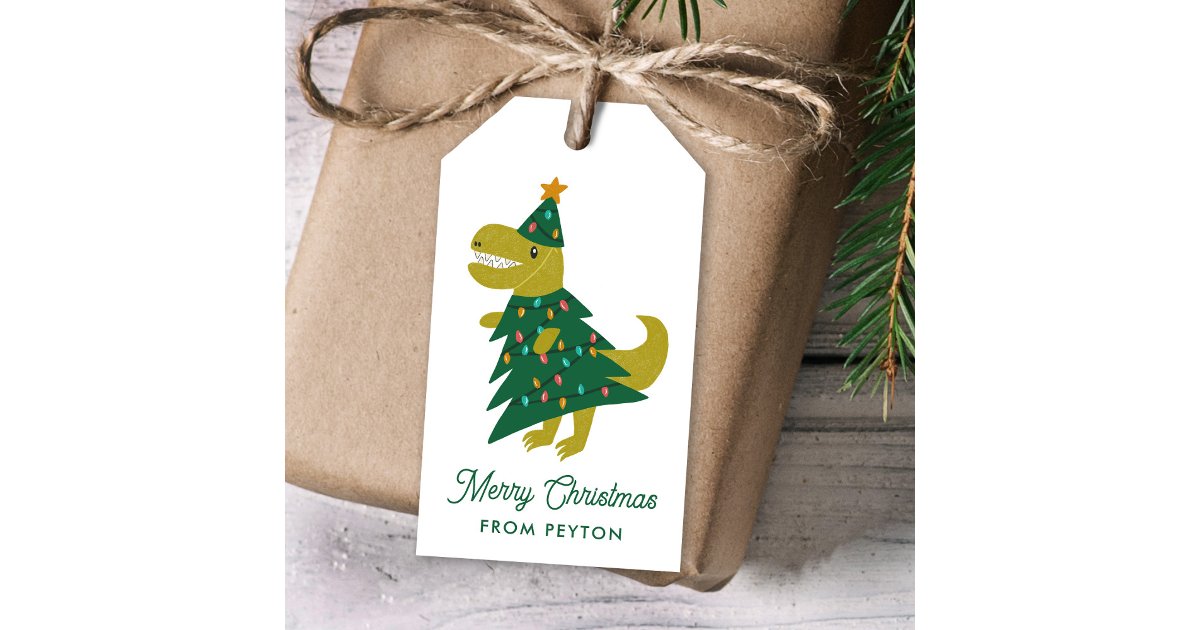 Cute Tree Rex Dinosaur Christmas Tree Kids Gift Tags | Zazzle