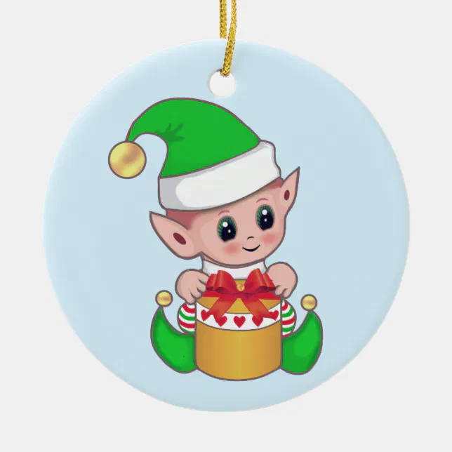 Cute trendy Christmas elf on light blue Ceramic Ornament | Zazzle