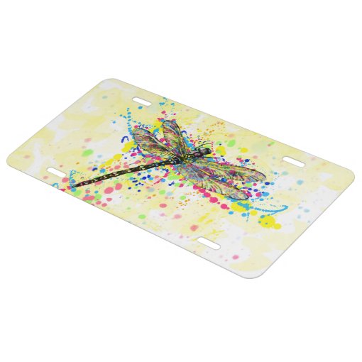 Cute trendy girly watercolor splatters dragonfly license plate | Zazzle