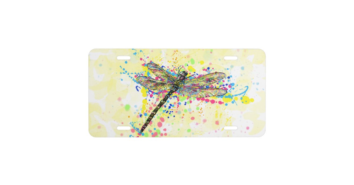Cute trendy girly watercolor splatters dragonfly license plate | Zazzle