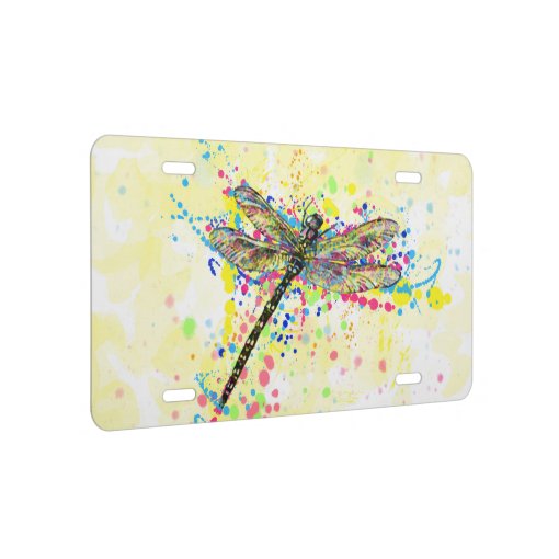 Cute trendy girly watercolor splatters dragonfly license plate | Zazzle
