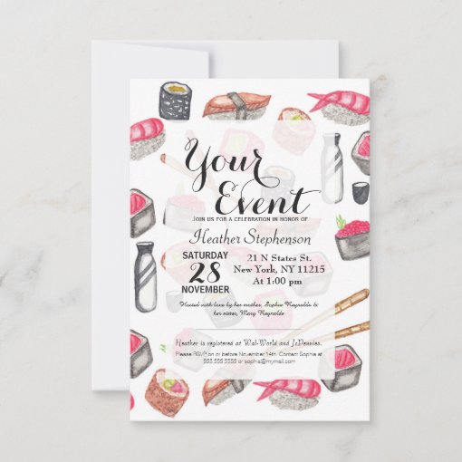 Cute Trendy Watercolor Sushi Sake and Chopsticks Invitation | Zazzle