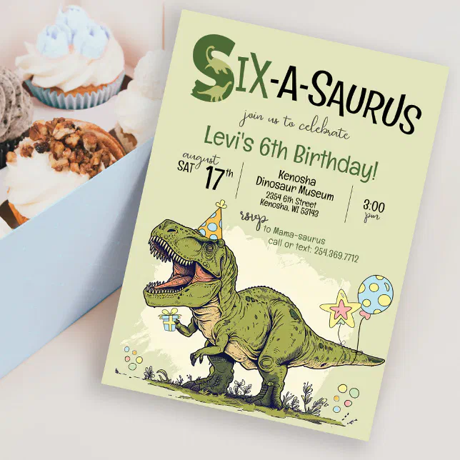 Cute TRex Dinosaur Six-A-Saurus 6th Birthday Party Invitation | Zazzle