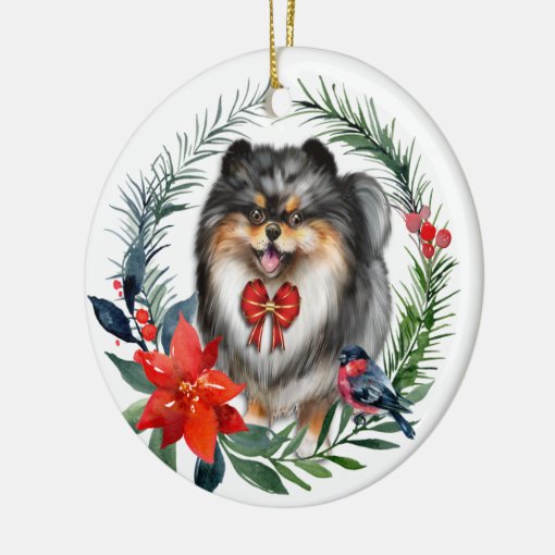 Cute Tri-Color Pomeranian Watercolor Poinsettia Ceramic Ornament | Zazzle