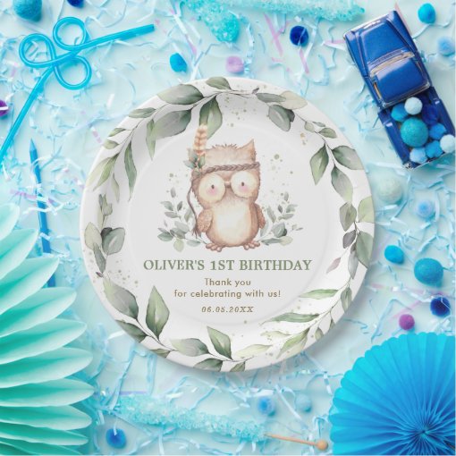 Cute Tribal Owl Chic Greenery 1st Birthday Baby Paper Plates | Zazzle
