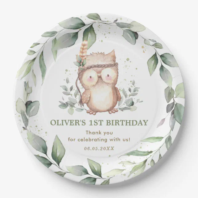 Cute Tribal Owl Chic Greenery 1st Birthday Baby Paper Plates | Zazzle