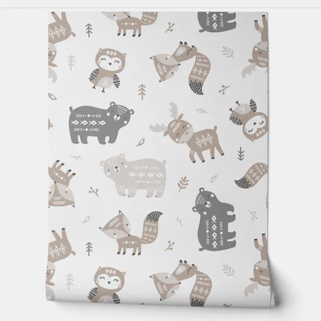 Cute Tribal Woodland Animals on white Wallpaper | Zazzle