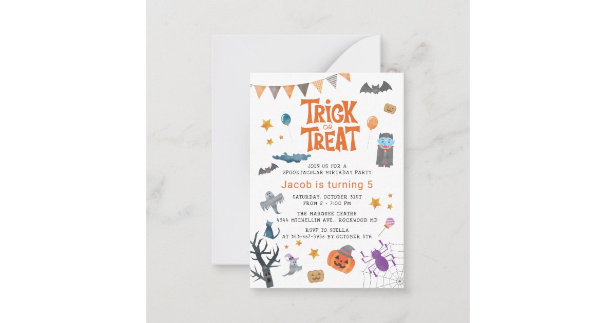 Cute Trick or Treat Halloween 5th Birthday Party Note Card | Zazzle