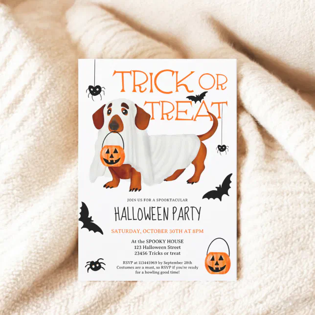 Cute trick treat dog ghost script Halloween party Invitation | Zazzle