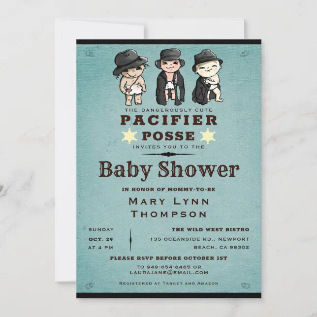 Cute Triplets Pacifier Posse Western Baby Shower Invitation | Zazzle