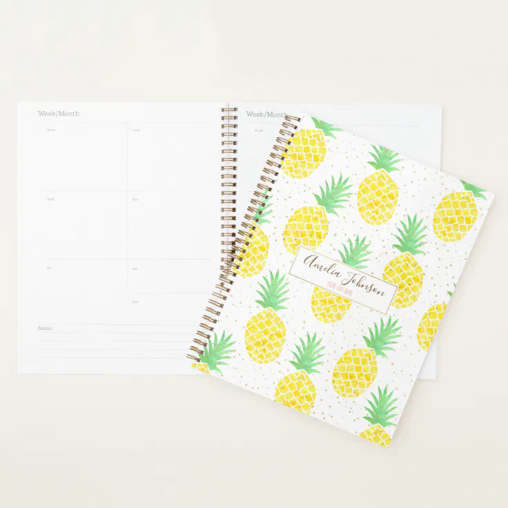 Cute Tropical Watercolor Pineapple Gold Sparkles Planner | Zazzle