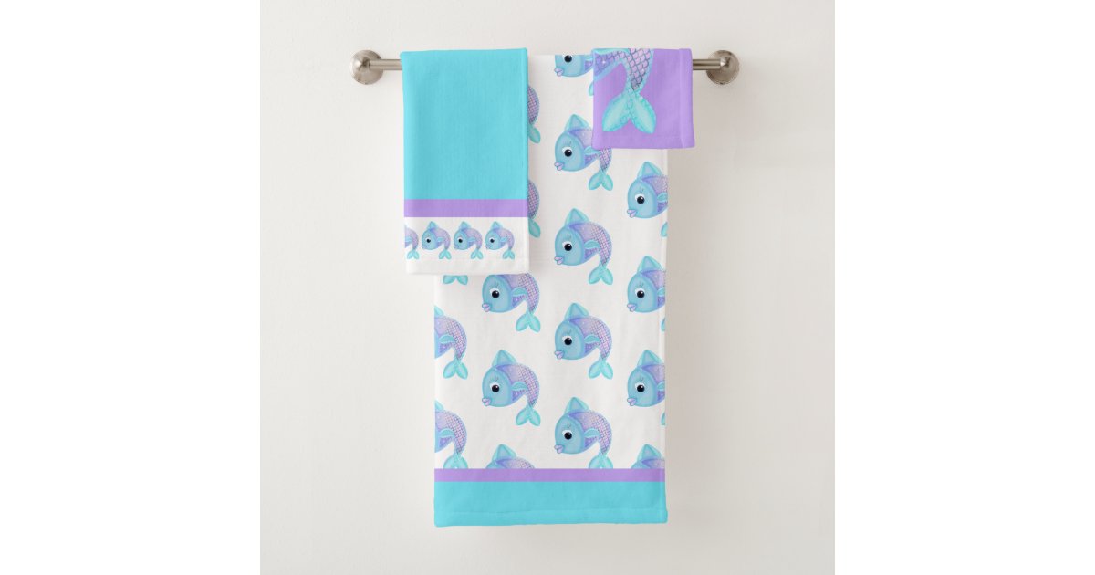 Cute Turquoise and Purple Fish Bath Towel Set | Zazzle