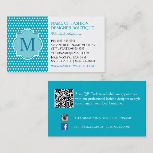 Cute Turquoise Polka Dots With Girly Monogram Business Card | Zazzle