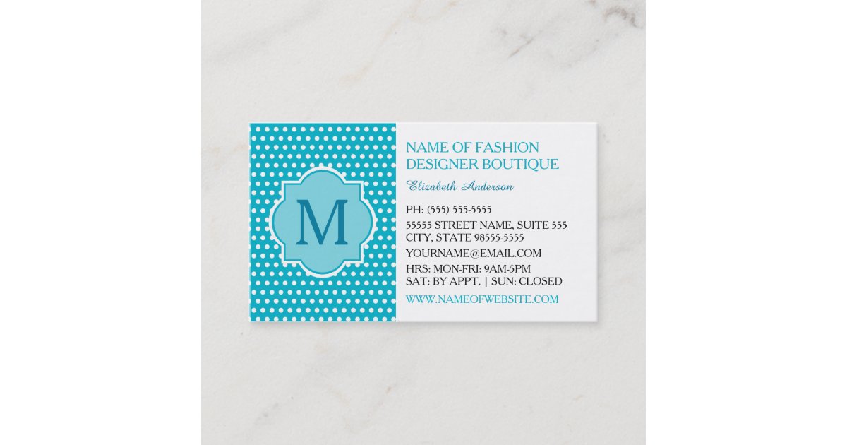 Cute Turquoise Polka Dots With Girly Monogram Business Card | Zazzle