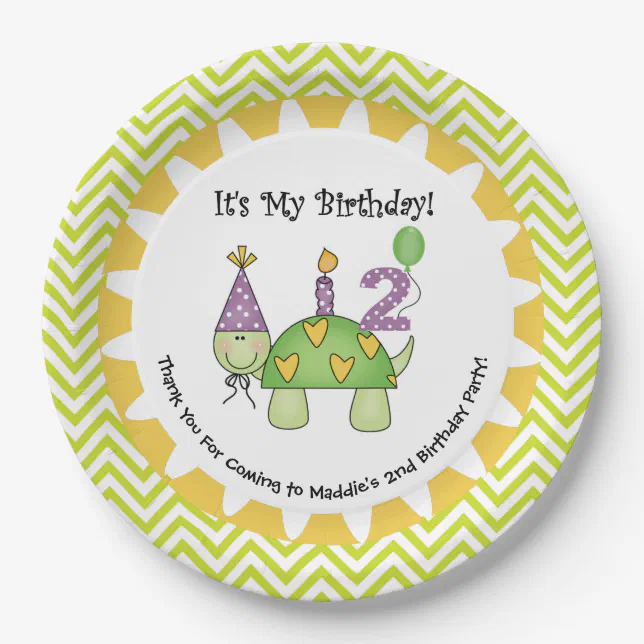 Cute Turtle 2nd Happy Birthday Paper Plates | Zazzle