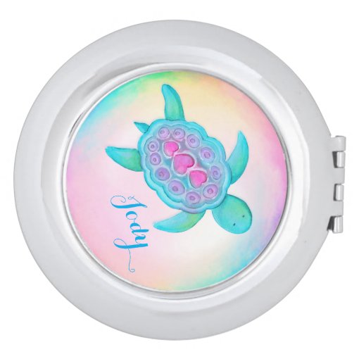 Cute turtle hearts shell art name mirror compact | Zazzle