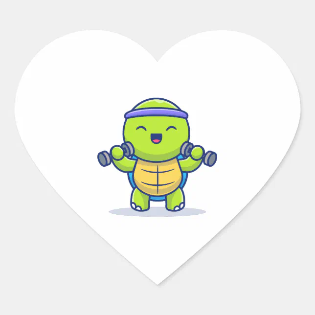 Cute Turtle Lifting Dumbbells Cartoon Illustration Heart Sticker | Zazzle