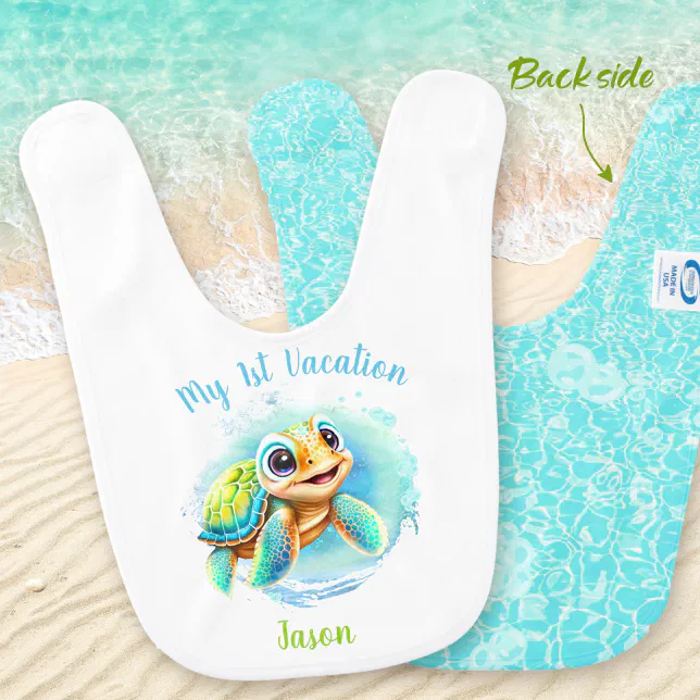 Cute Turtle Summer Vacation Personalized Name Boy Baby Bib | Zazzle