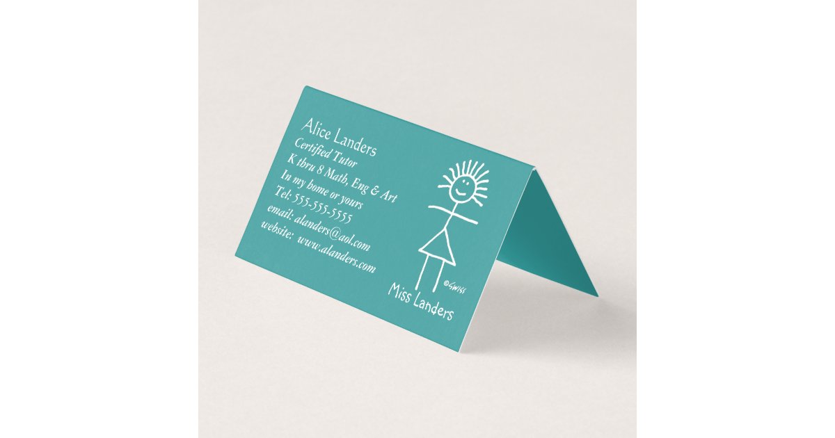Cute Tutor Teacher Chalk Stick Figure on Green Business Card | Zazzle