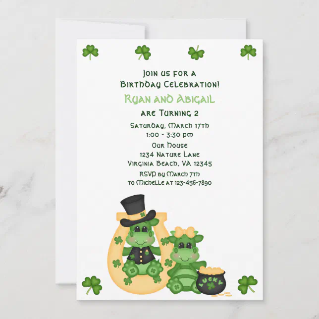 Cute Twin Boy & Girl Dragons Irish Birthday Invitation | Zazzle