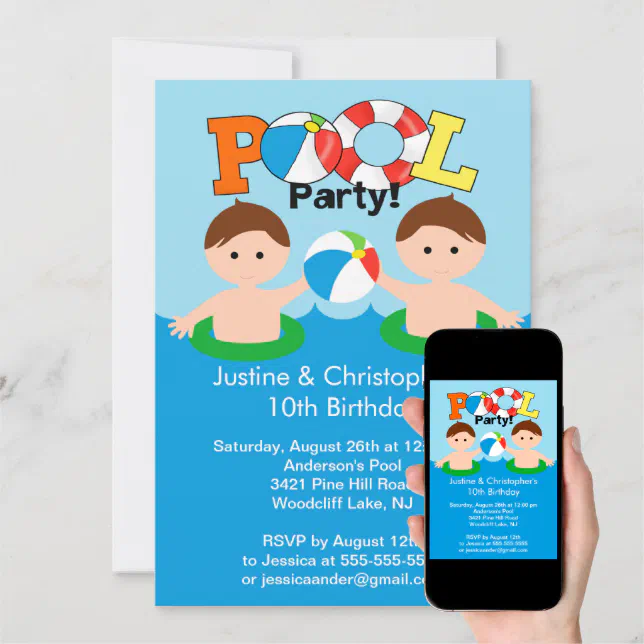 CUTE Twin Boys Pool Party Birthday Invitation | Zazzle