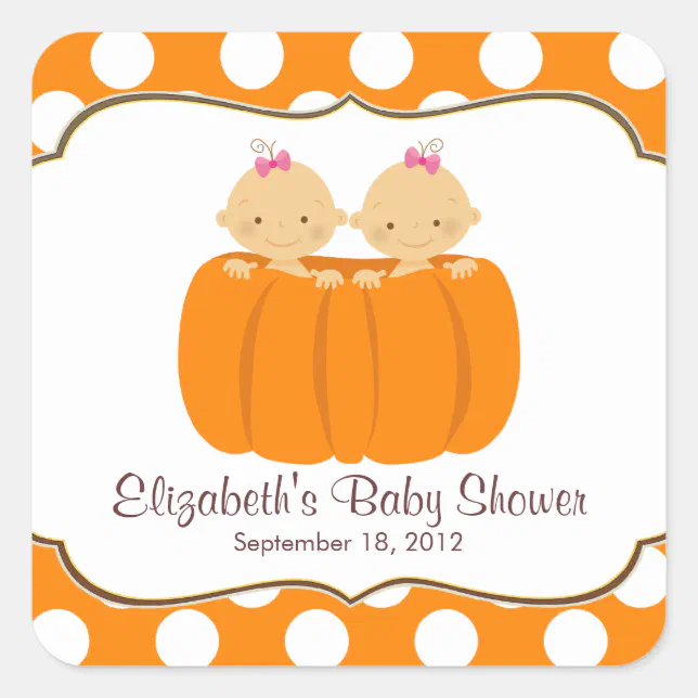 Cute Twin Girl Pumpkin Baby Shower Square Sticker! Square Sticker | Zazzle