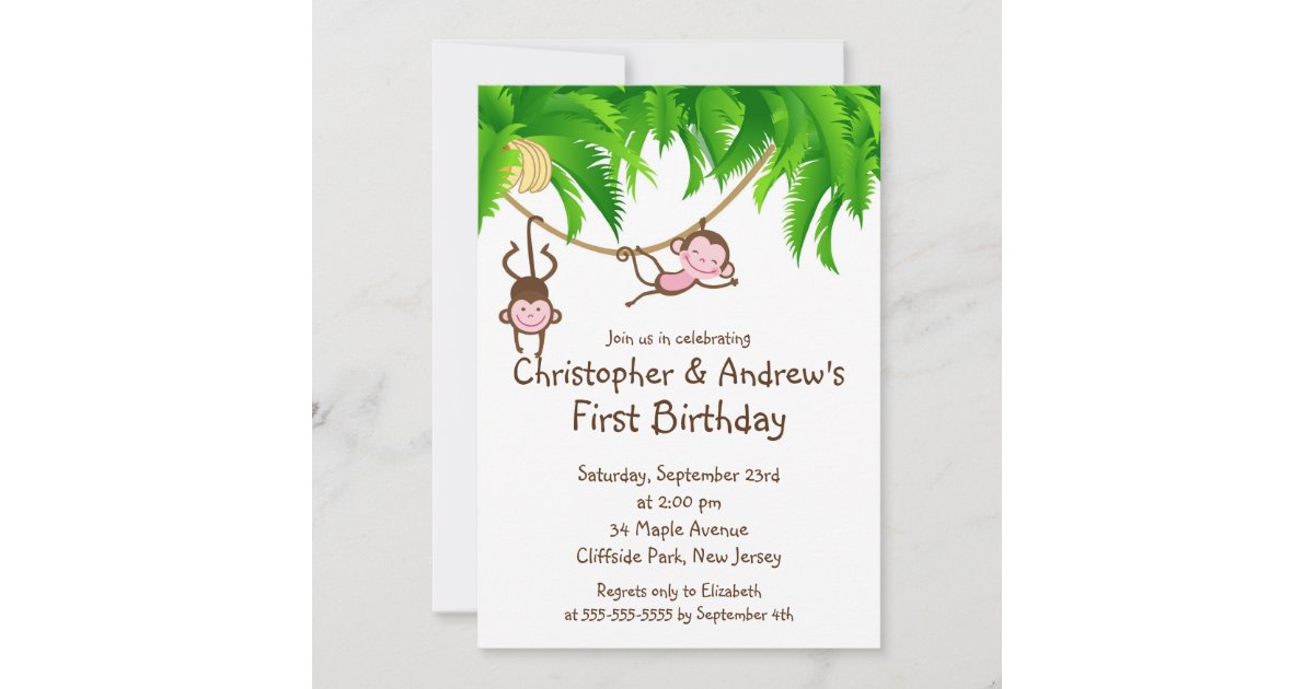 Cute Twin Jungle Monkey Birthday Party Invitations | Zazzle