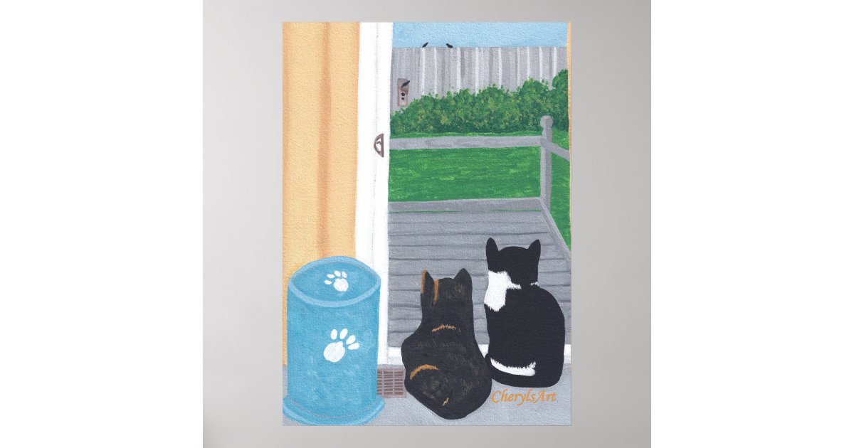 Cute Two Cats Bird Watching Deck Posters | Zazzle