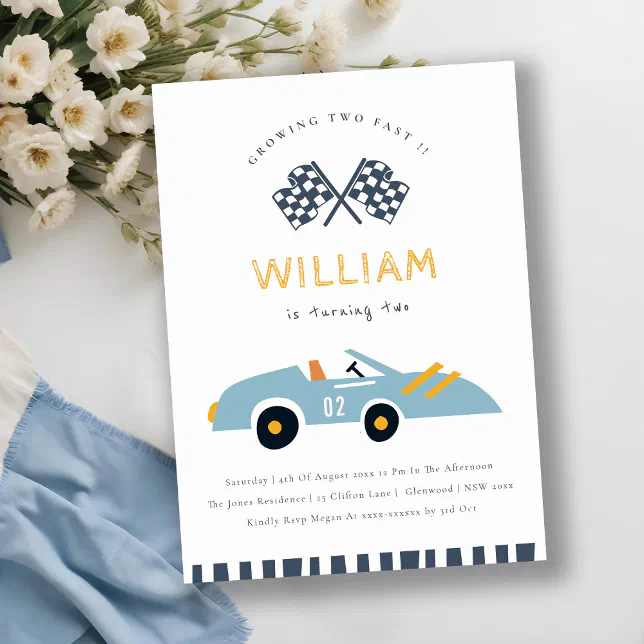 Cute Two Fast Race Car Blue 2nd Birthday Invite | Zazzle