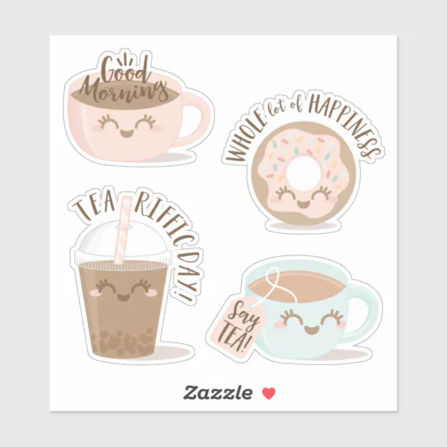 Cute Typographic Kawaii Style Tea, Coffee & Donut Sticker | Zazzle